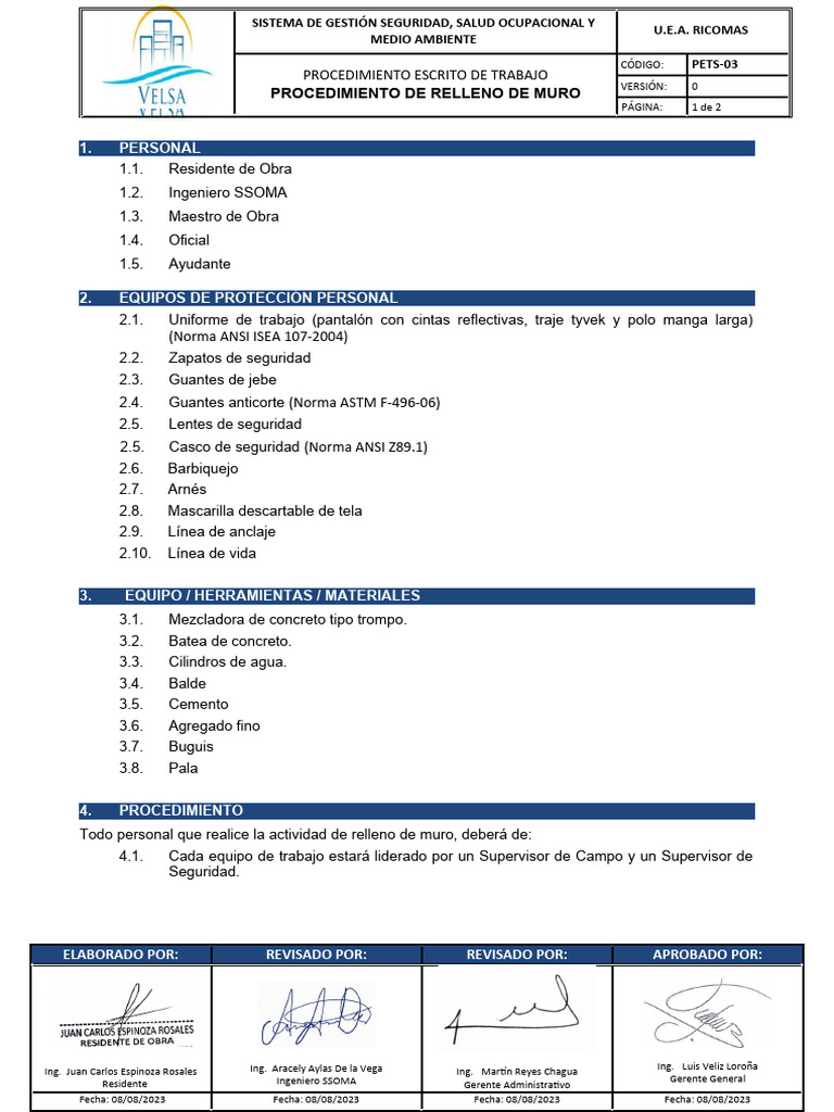 Modelo De Pets Pdf Seguridad Y Salud Ocupacional Materiales