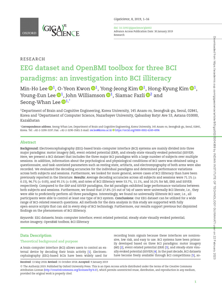 EEG Dataset and OpenBMI Toolbox For Three BCI Paradigms | PDF | Electroencephalography | Event ...