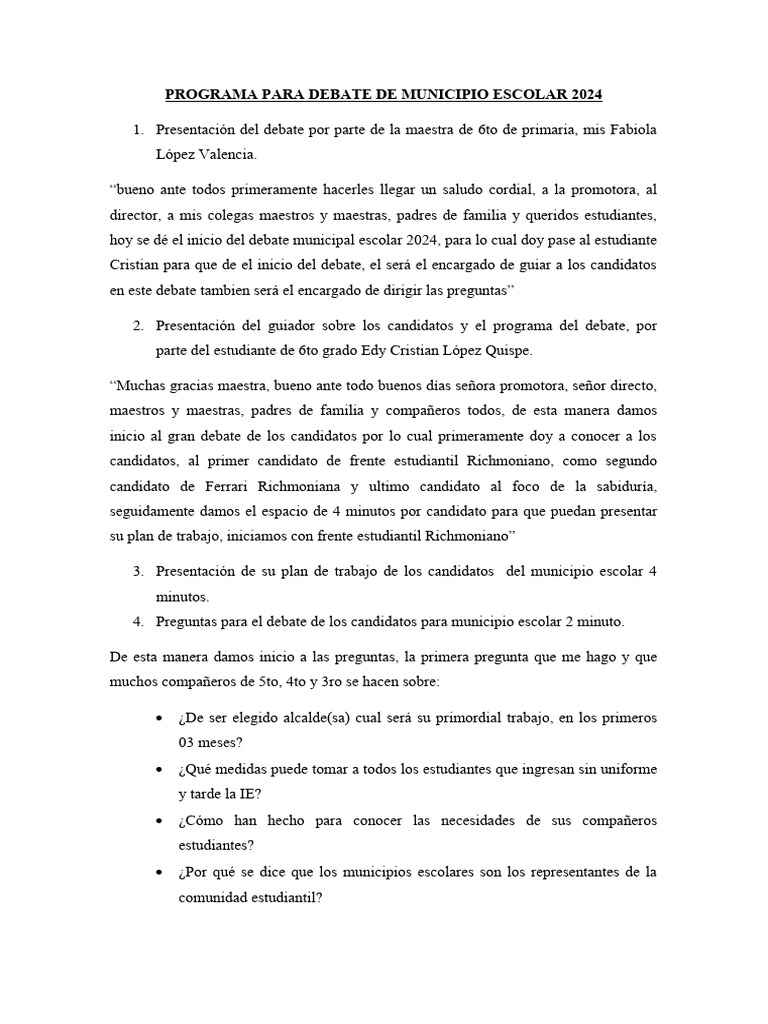 Programa para Debate de Municipio Escolar 2024 | PDF