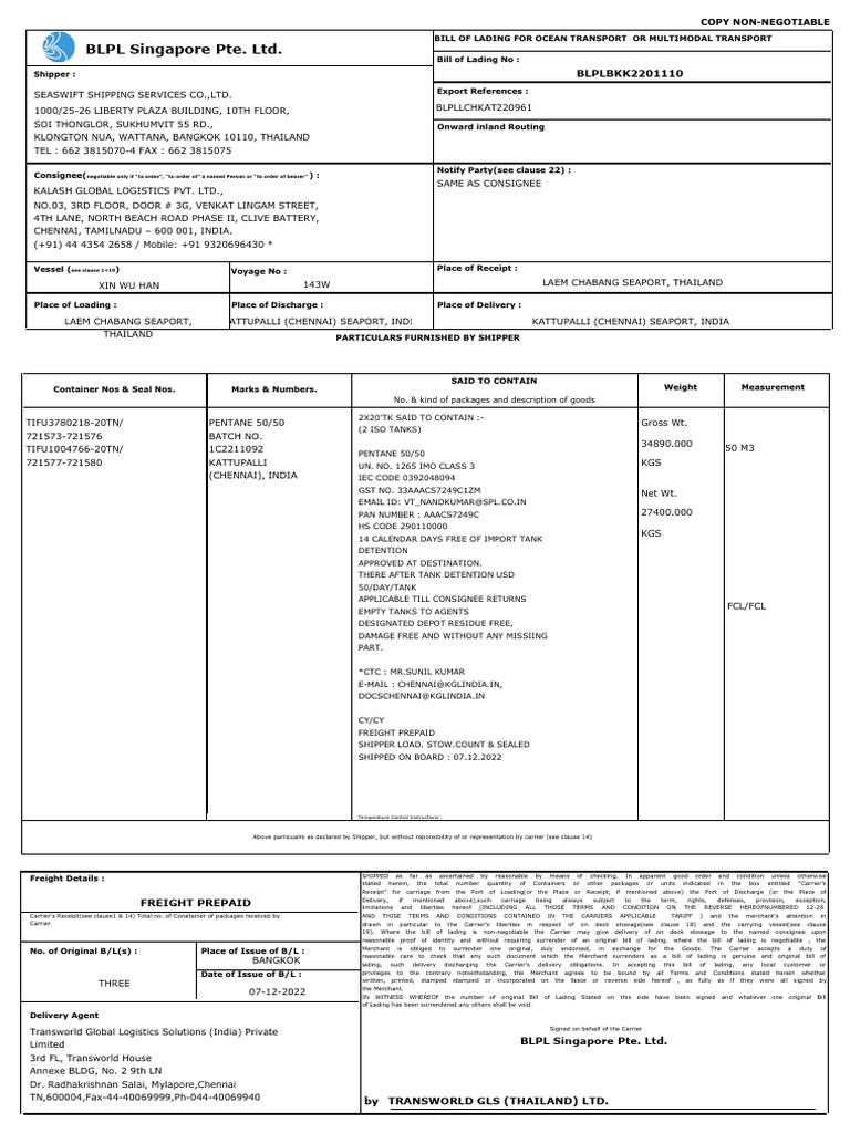 BLPLBL Draft - RPT | PDF | Bill Of Lading | Logistics