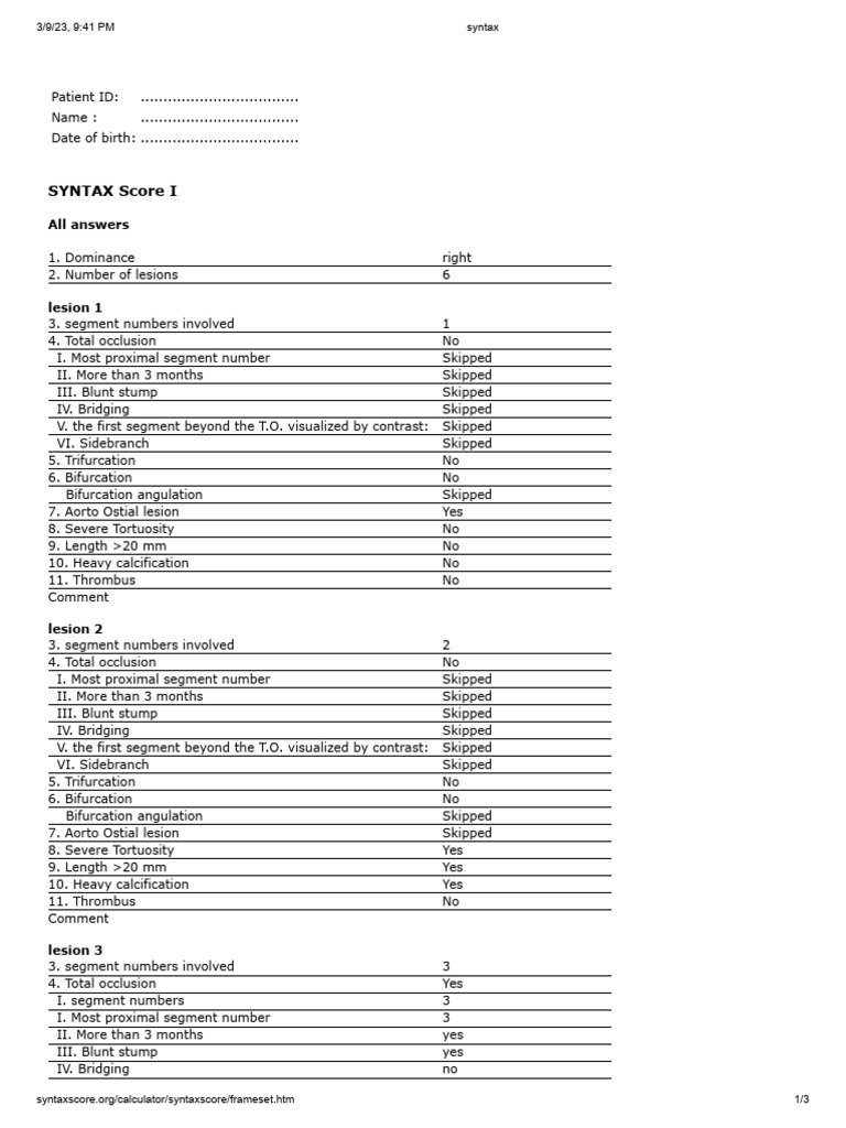 SYNTAX Score Calculator Results | PDF | Clinical Medicine | Medical ...