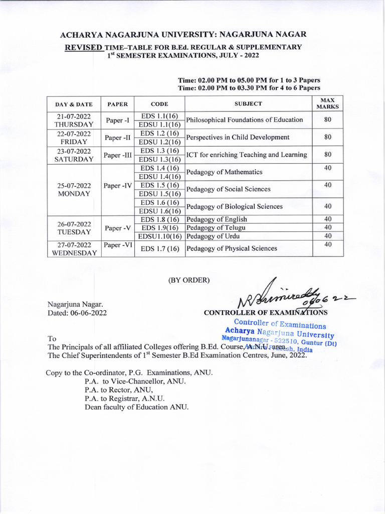 Revised B.ed 1st Semester Examination Time-Table July - 2022 | PDF | Educational Stages ...