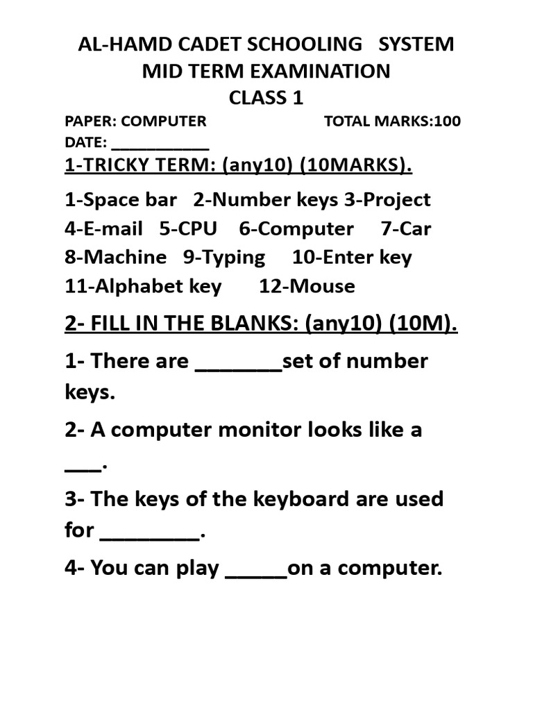 Class 1 Computer Paper Pdf Computer Keyboard Computing 