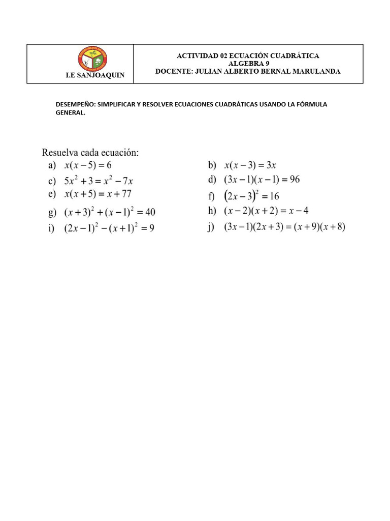 Actividad 02 Ecuación Cuadrática Algebra 9 | PDF