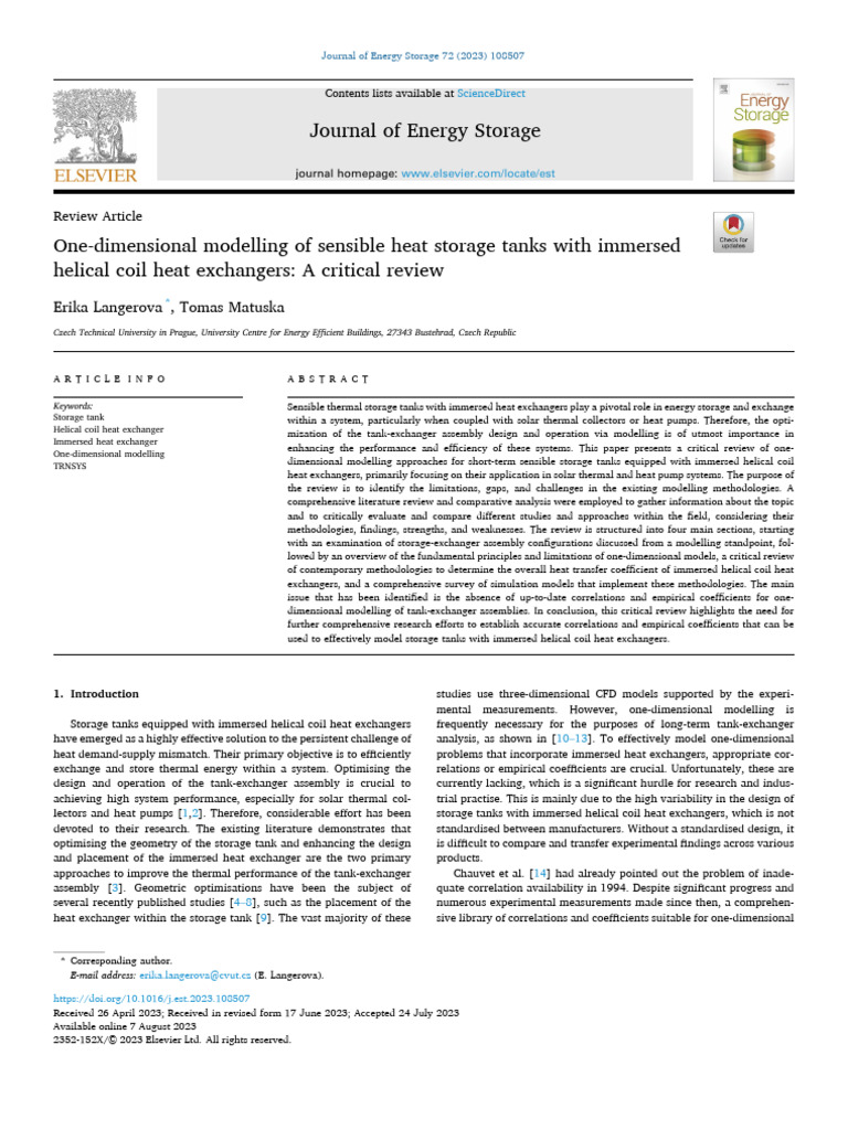 One-Dimensional Modelling of Sensible Heat Storage Tanks With Immersed ...