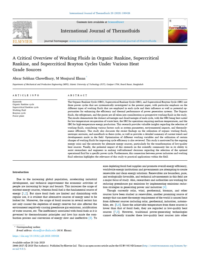 A Critical Overview of Working Fluids in Organic Rankine, Supercritical Rankine, and ...