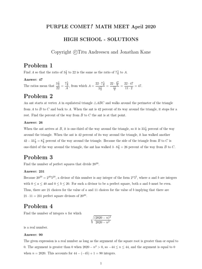 High School - Solutions - 2020 | PDF | Sphere | Square Root