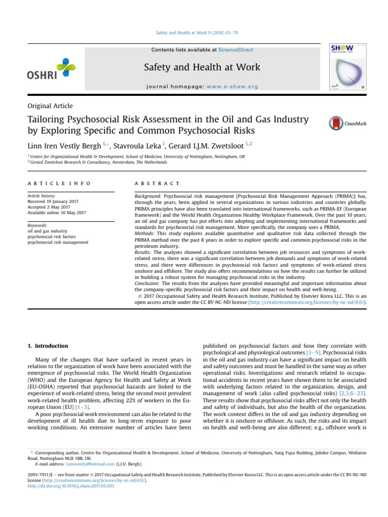 Tailoring Psychosocial Risk Assessment in The Oil and Gas - 2018 - Safety and H | PDF | Risk ...
