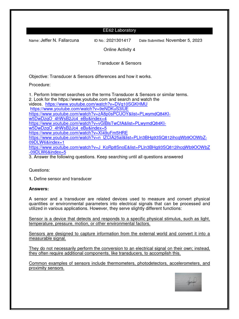 EE62 Lab 4 - JEFFER N. FALLARCUNA | PDF | Sensor | Electrical Resistance And Conductance