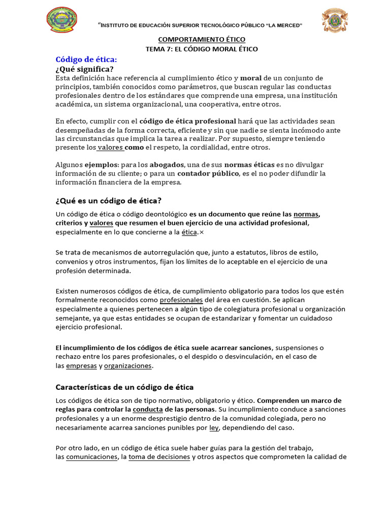 Teorìa TEMA 7 Còdigo Moral Ètico | Descargar gratis PDF | Business ...