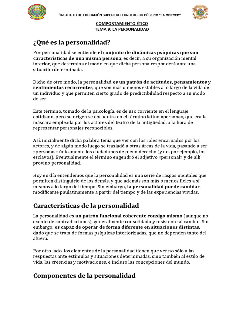 TEORIA TEMA 9 La Personalidad | PDF | Carné de identidad | Cognición