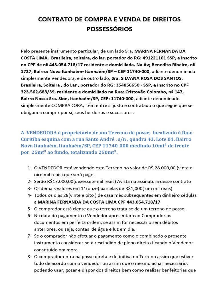 Contrato De Compra E Venda De Direitos Marina E Silvana Pdf