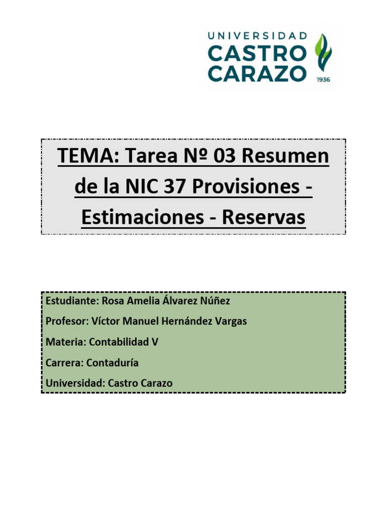 Tarea #03 Resumen de La NIC 37 Provisiones - Estimaciones - Reservas ...