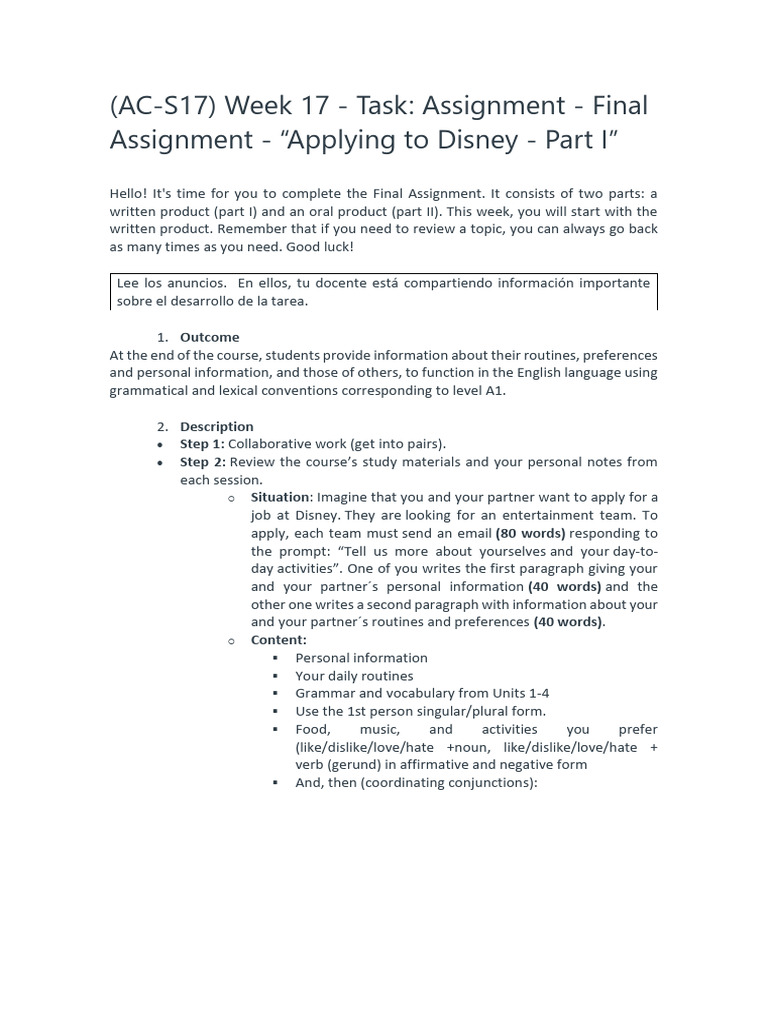 Week 17 - Instructions - Task Assignment - Final Assignment - Applying To Disney - Part I ...