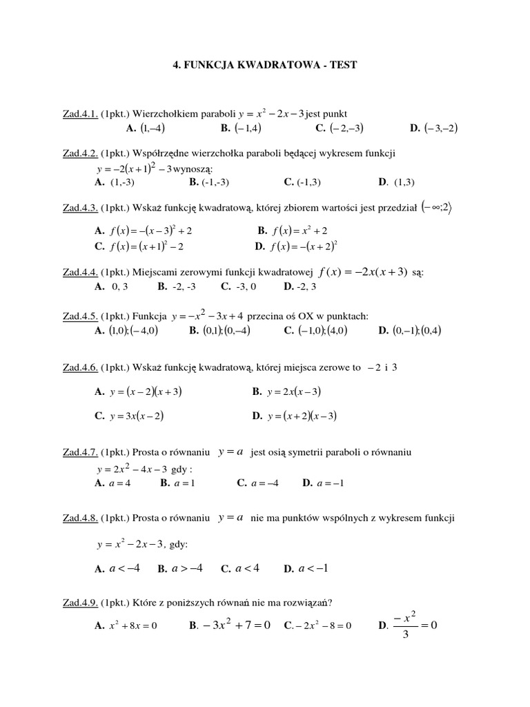 Funkcja Kwadratowa Test | PDF