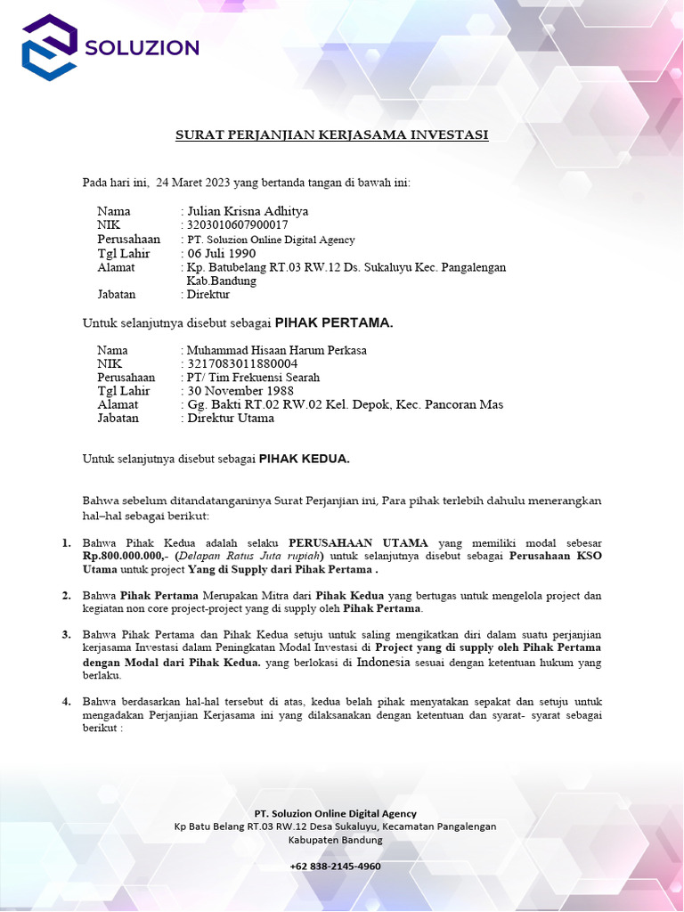 SURAT PERJANJIAN KERJASAMA Draft | PDF