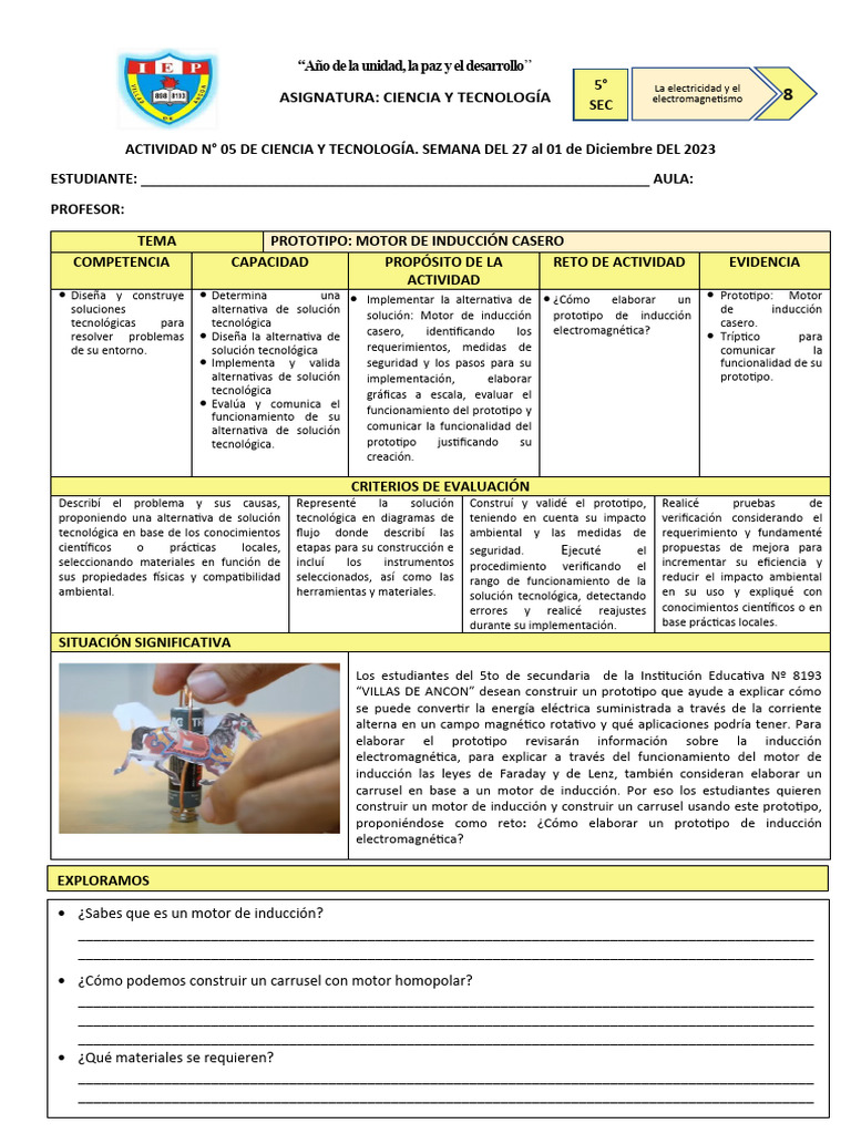 5° SEC. EDA 7 SEMANA 5 CYT Diseña 2023 Prototipo Motor de Inducción Casero | PDF | Motor ...