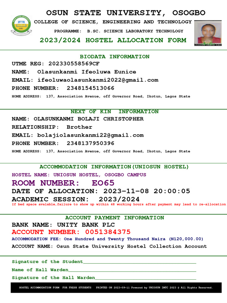UNIOSUN Hostel Allocation Form | PDF