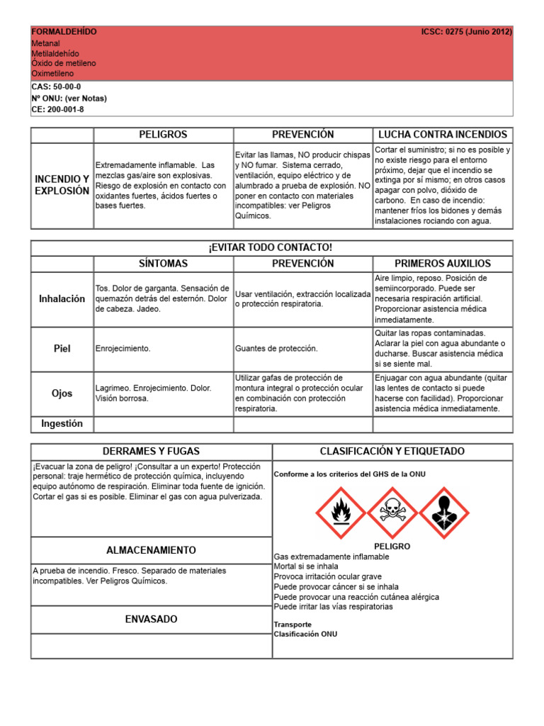 Icsc 0275 - Formaldehído | PDF | Formaldehído | Agua