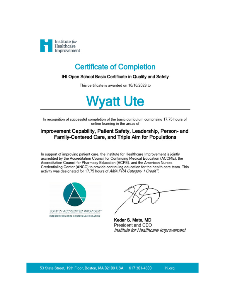 Ihi Certificate of Completion | PDF