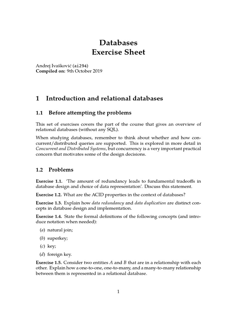 Databases Exercise Sheet + | PDF | Relational Model | Relational Database