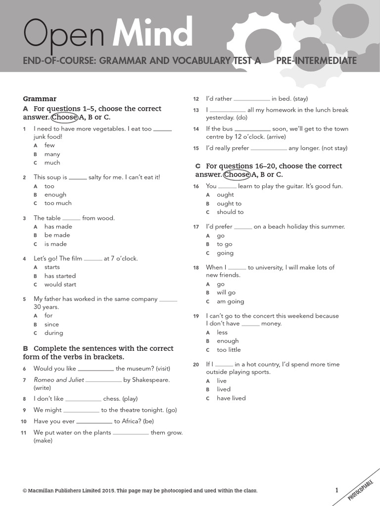 Open Mind Pre-Intermediate End-Of-Course Grammar and Vocabulary Test A ...