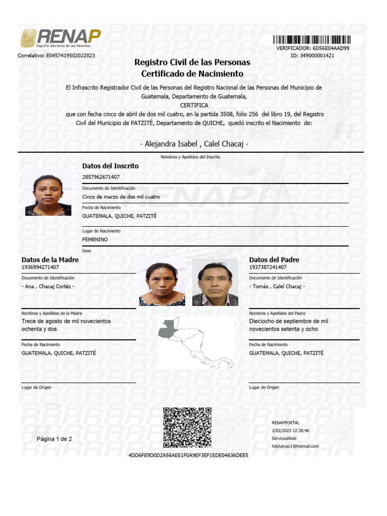 Certificado de Nacimiento Extendido Por El RENAP | PDF | Gobierno y personalidad | Control de acceso