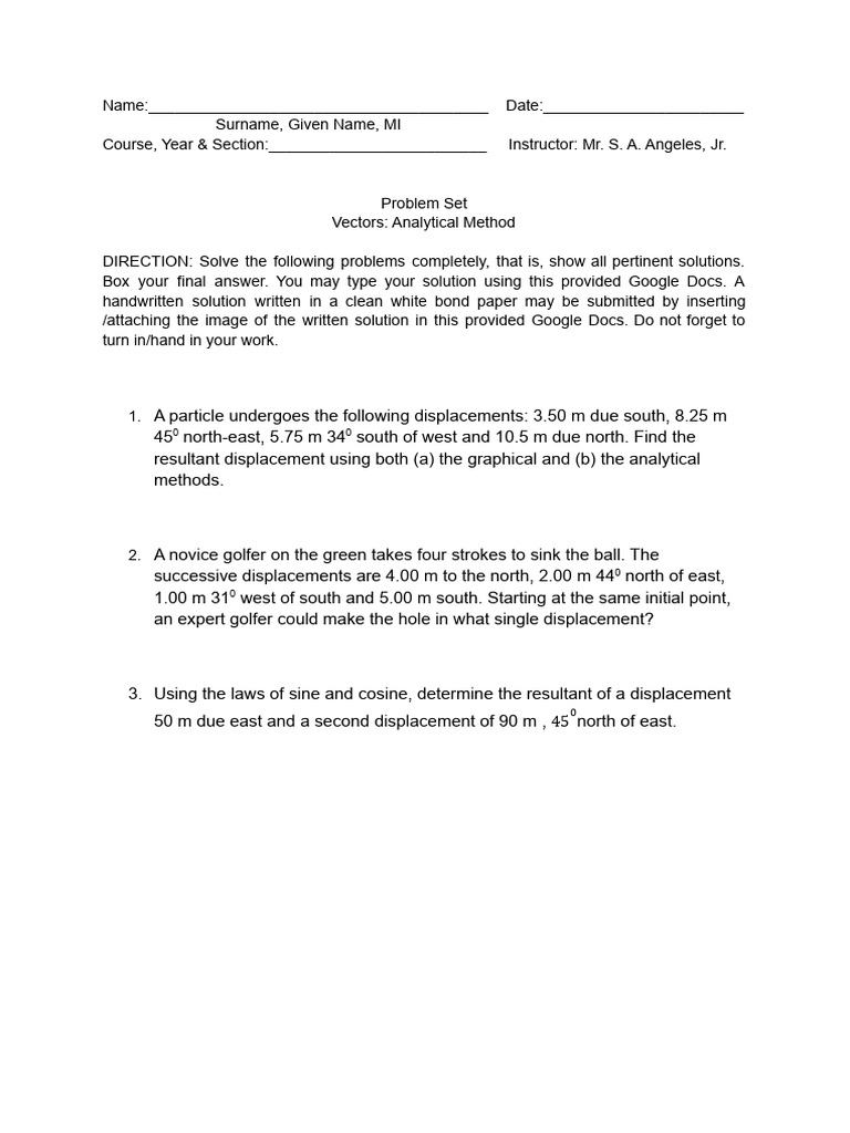 Vectors Problem Set: Analytical Method | PDF | Teaching Methods ...