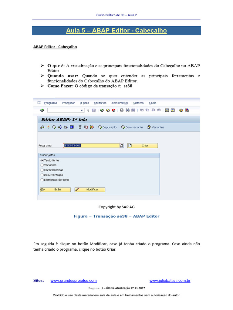 Curso ABAP 2 - Aula 5 - Manual em PDF | PDF | Direitos Autorais | Programas