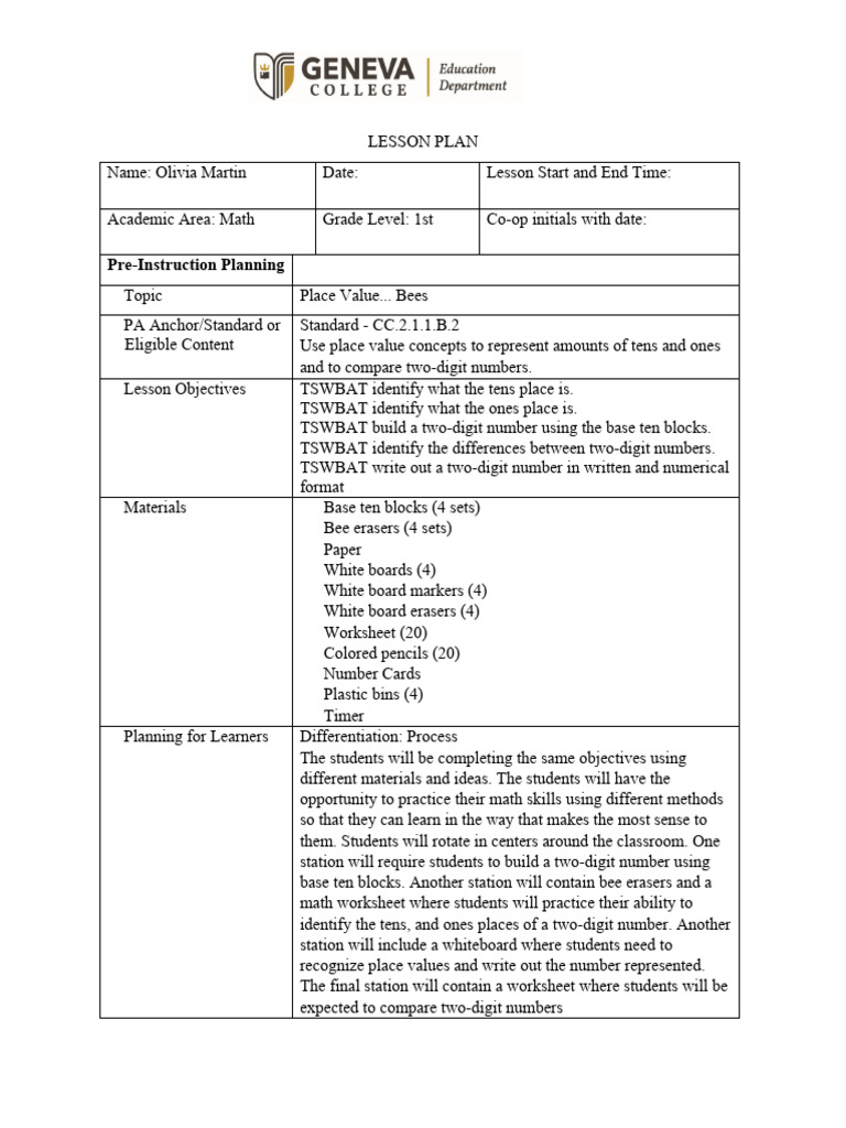 Lesson Plan Edu 251 | PDF | Behavior Modification | Learning