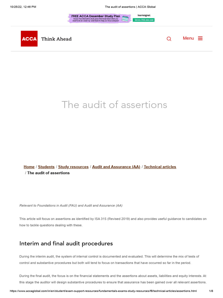 Audit Assertions Guide for ACCA Students | PDF | Equity (Finance ...