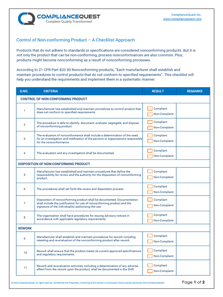 Control of Non-Conforming Product - A Checklist Approach | PDF | Quality Management System ...