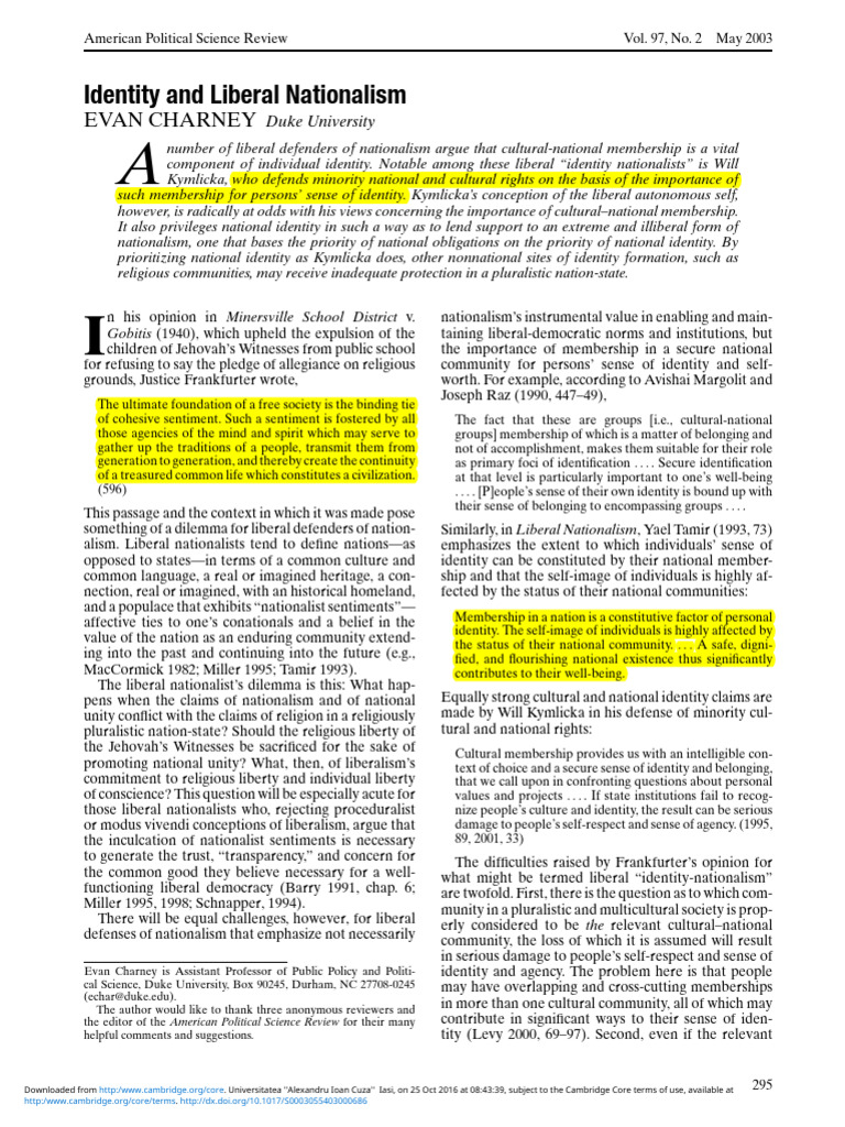 Charney - Identity and Liberal Nationalism | PDF | John Rawls | Autonomy