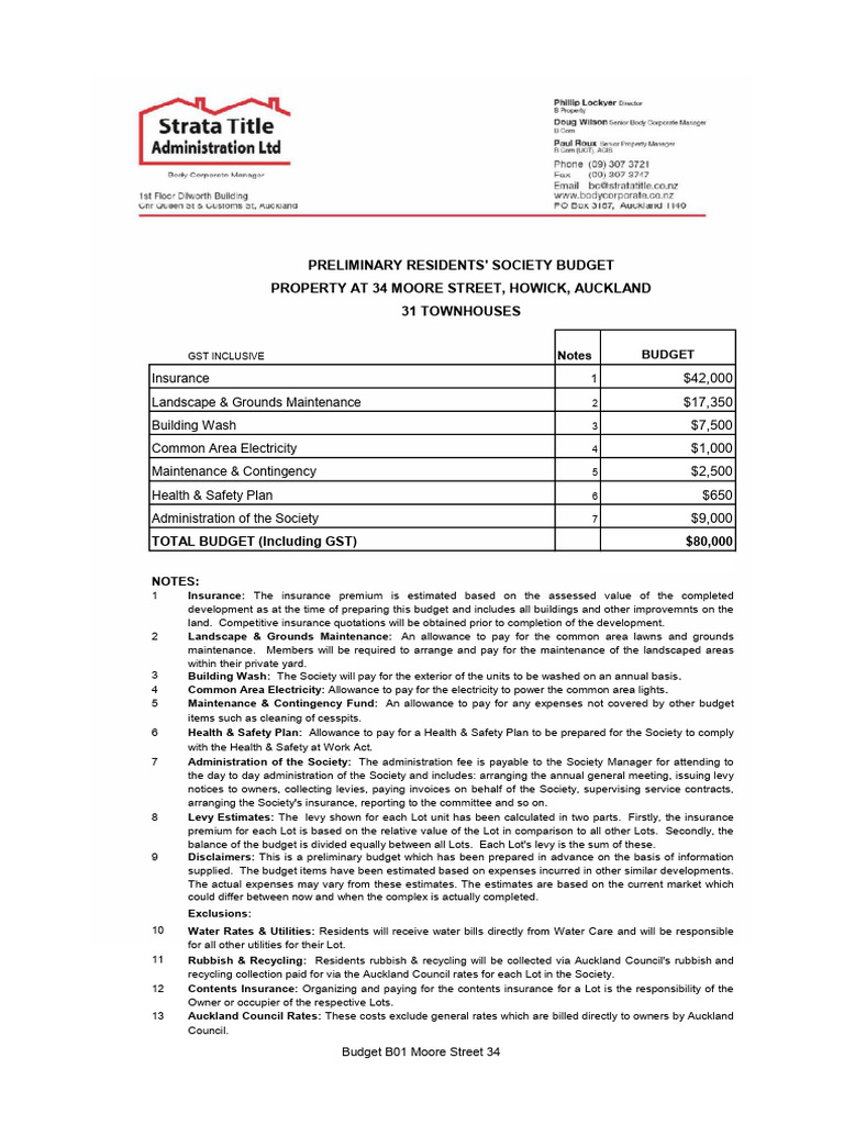 Preliminary Residents' Society Budget - Oaken Residences | PDF ...