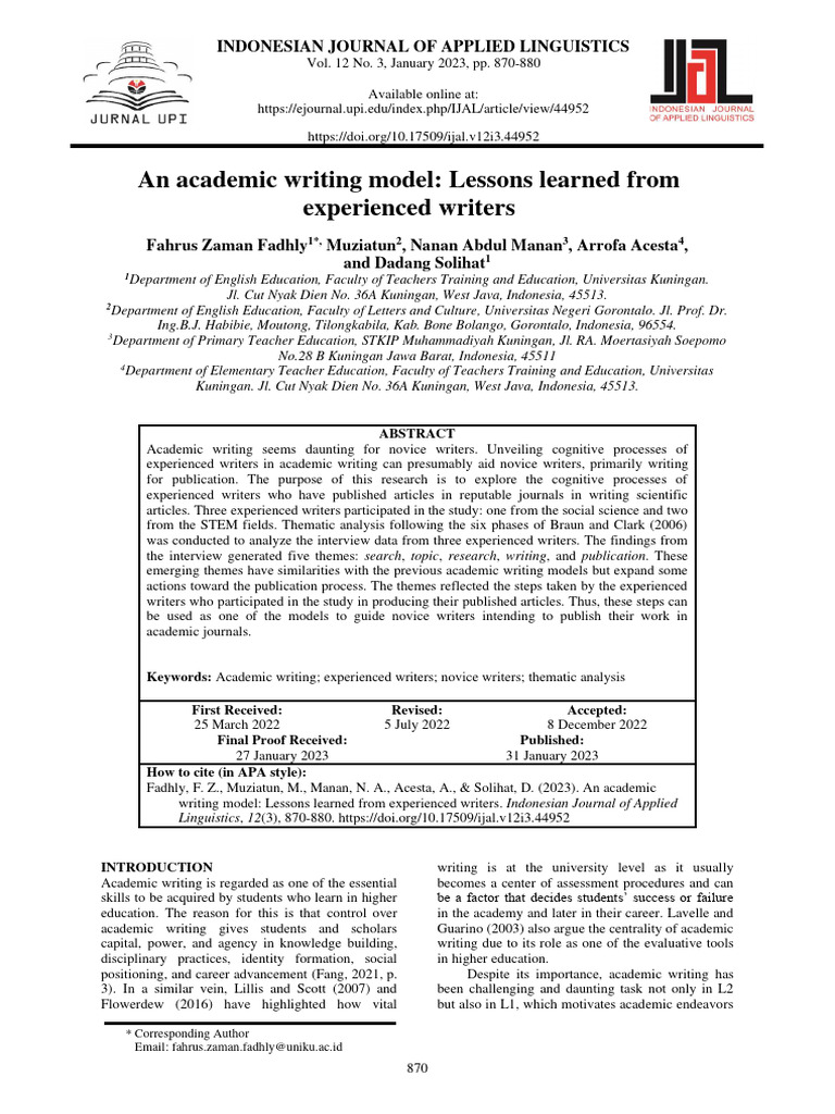 An Academic Writing Model: Lessons Learned From Experienced Writers ...