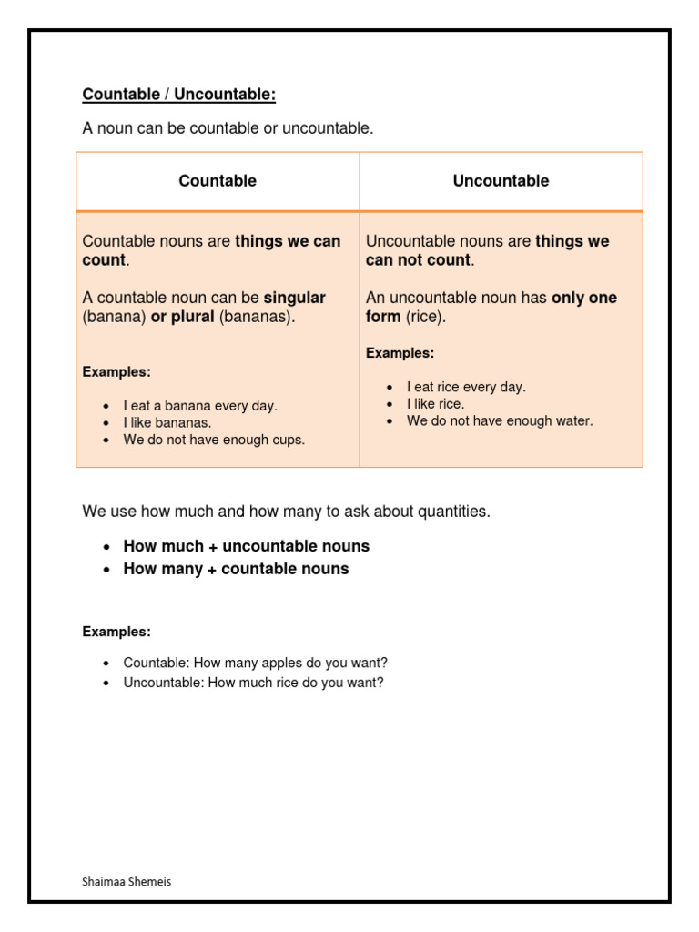 Countable and Uncountable Merged | PDF | Noun | Grammatical Number