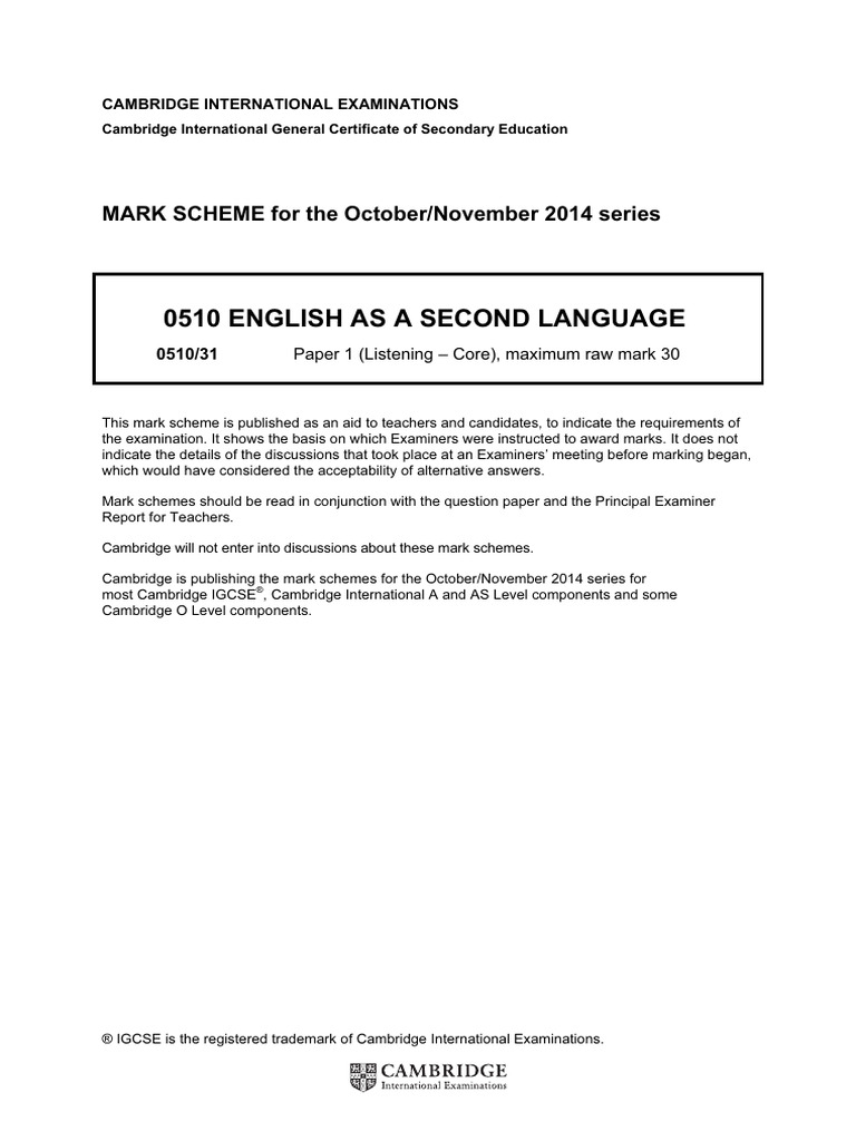 0510 English As A Second Language: MARK SCHEME For The October/November ...