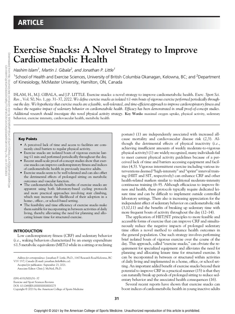 Exercise Snacks for Cardiometabolic Health | PDF | Sedentary Lifestyle ...