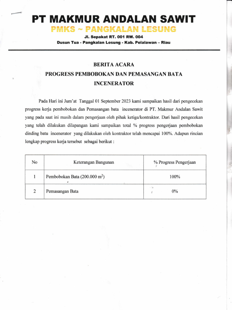 Berita Acara Progress Pembobokan Batu Bata Incenerator | PDF