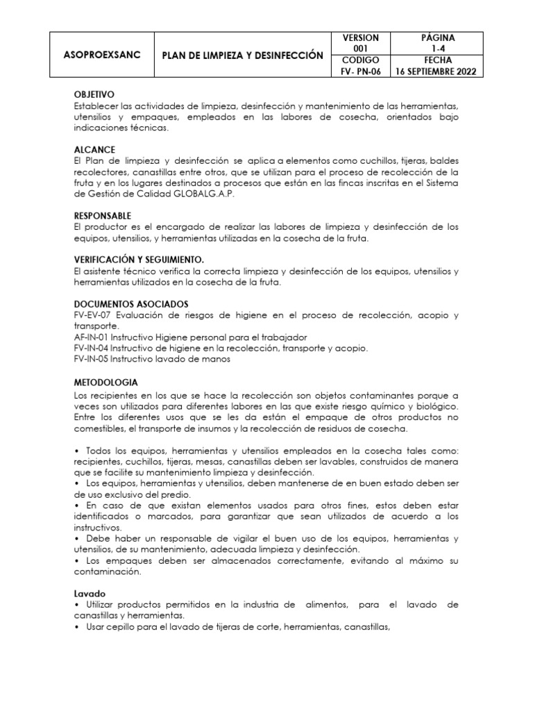 06 Plan de Limpieza y Desinfeccion | PDF | Cosecha | Agua