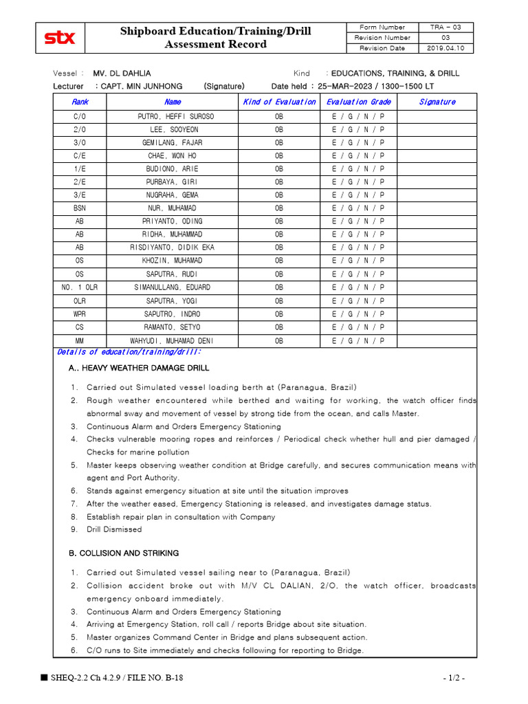 2023.03.25 TRA-03 Shipboard Education - Training.Drill Assessment Record - Heavy Weather Damage ...