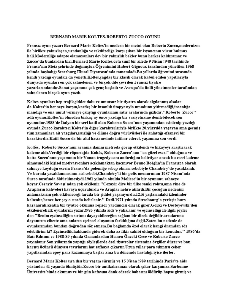 Bernard Marie Koltes Roberto Zucco Oyunu | PDF