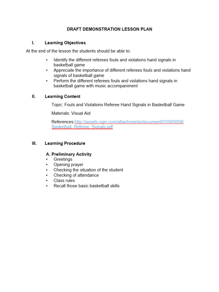 Draft Demonstration Lesson Plan in Referee | PDF | Breathing | Sports