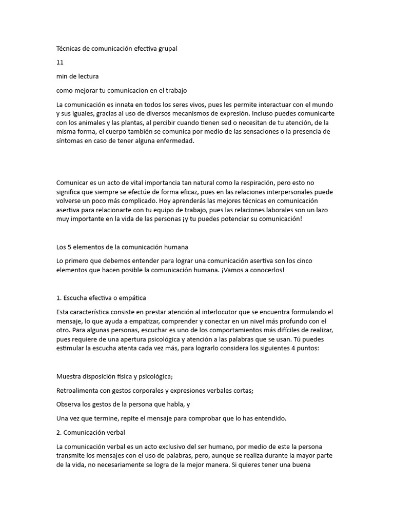 Técnicas de Comunicación Grupal | PDF | Comunicación | Liderazgo