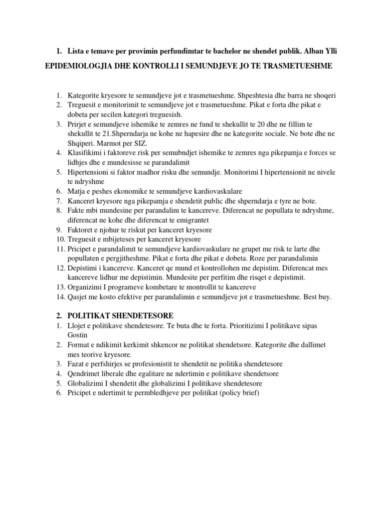 Lista e Temave Per Provimin Perfundimtar Te Bachelor Ne Shendet Publik ...