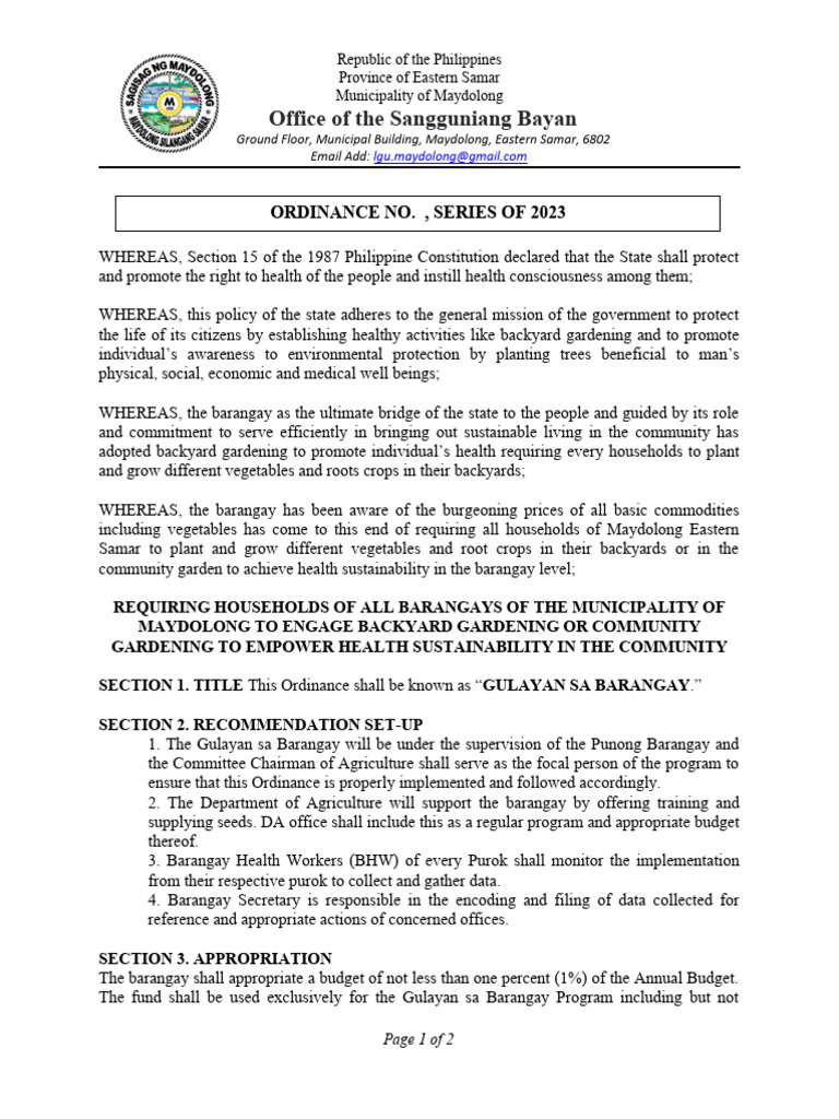 Gulayan Sa Barangay Ordinance | PDF | Government