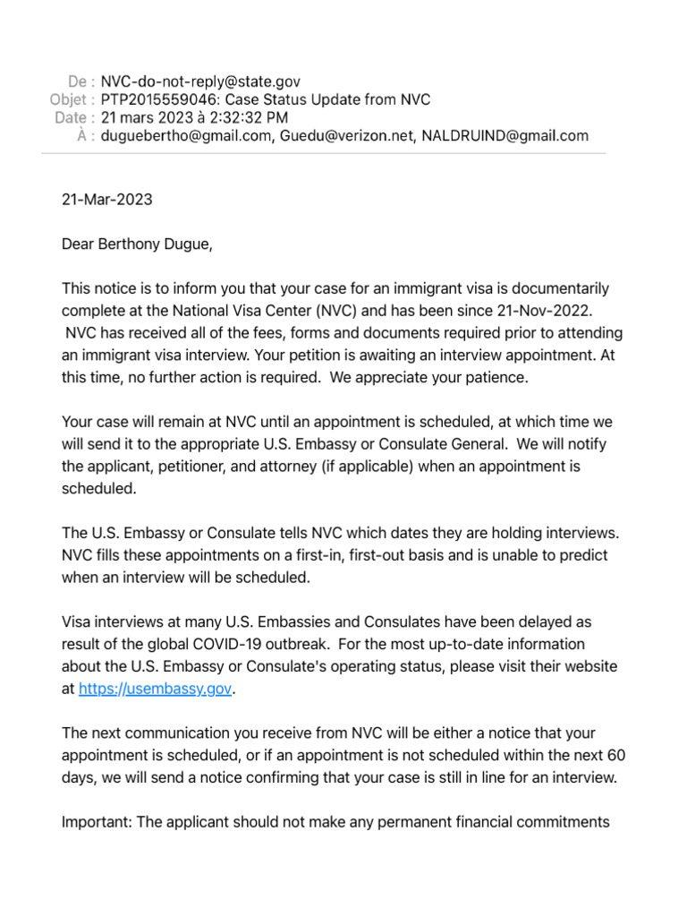 PTP2015559046 Case Status Update From NVC | PDF | Social Science | Law