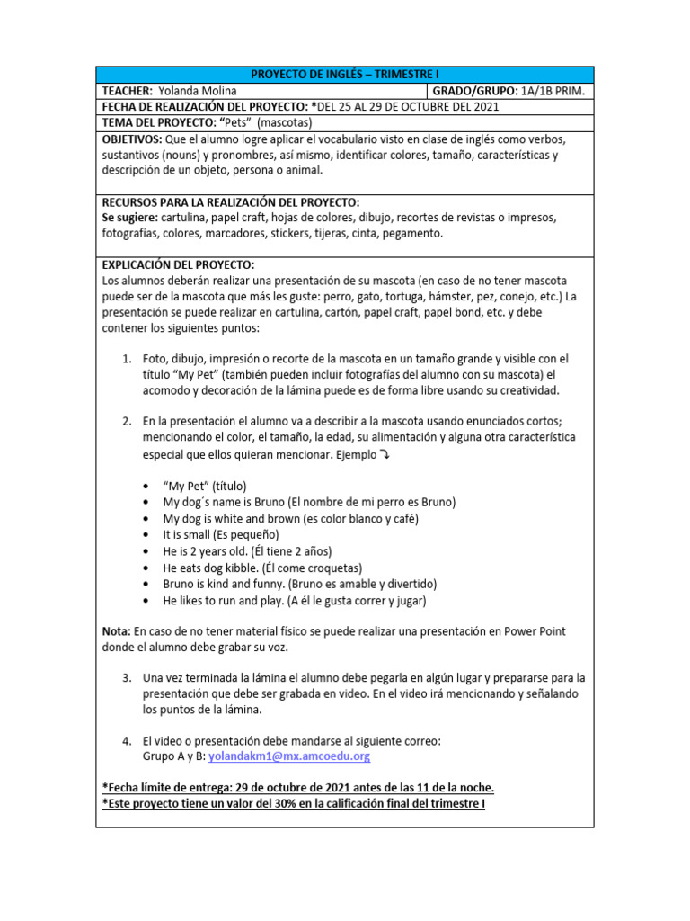 PROYECTO DE INGLÉS - 1st Grade - Trim. I | PDF