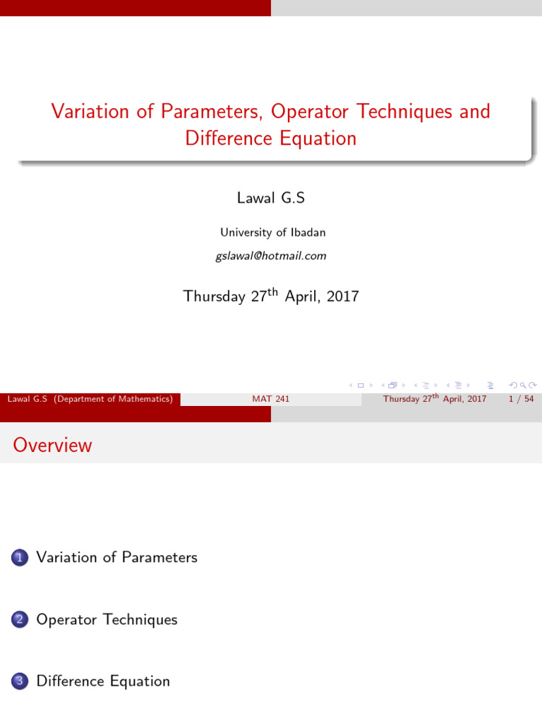 MAT 241-Variation of Parameters, Operator and Difference Equations | PDF | Equations ...