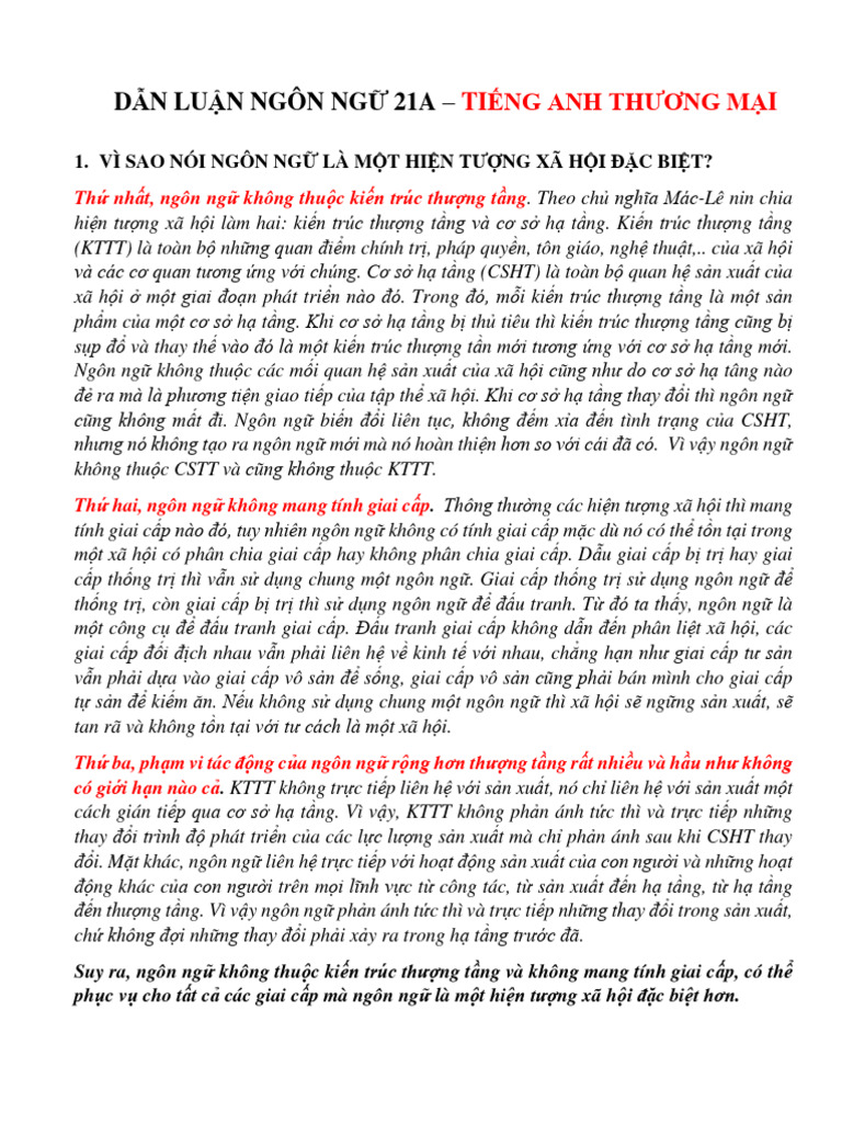 ĐỀ CƯƠNG DẪN LUẬN NGÔN NGỮ 21A | PDF